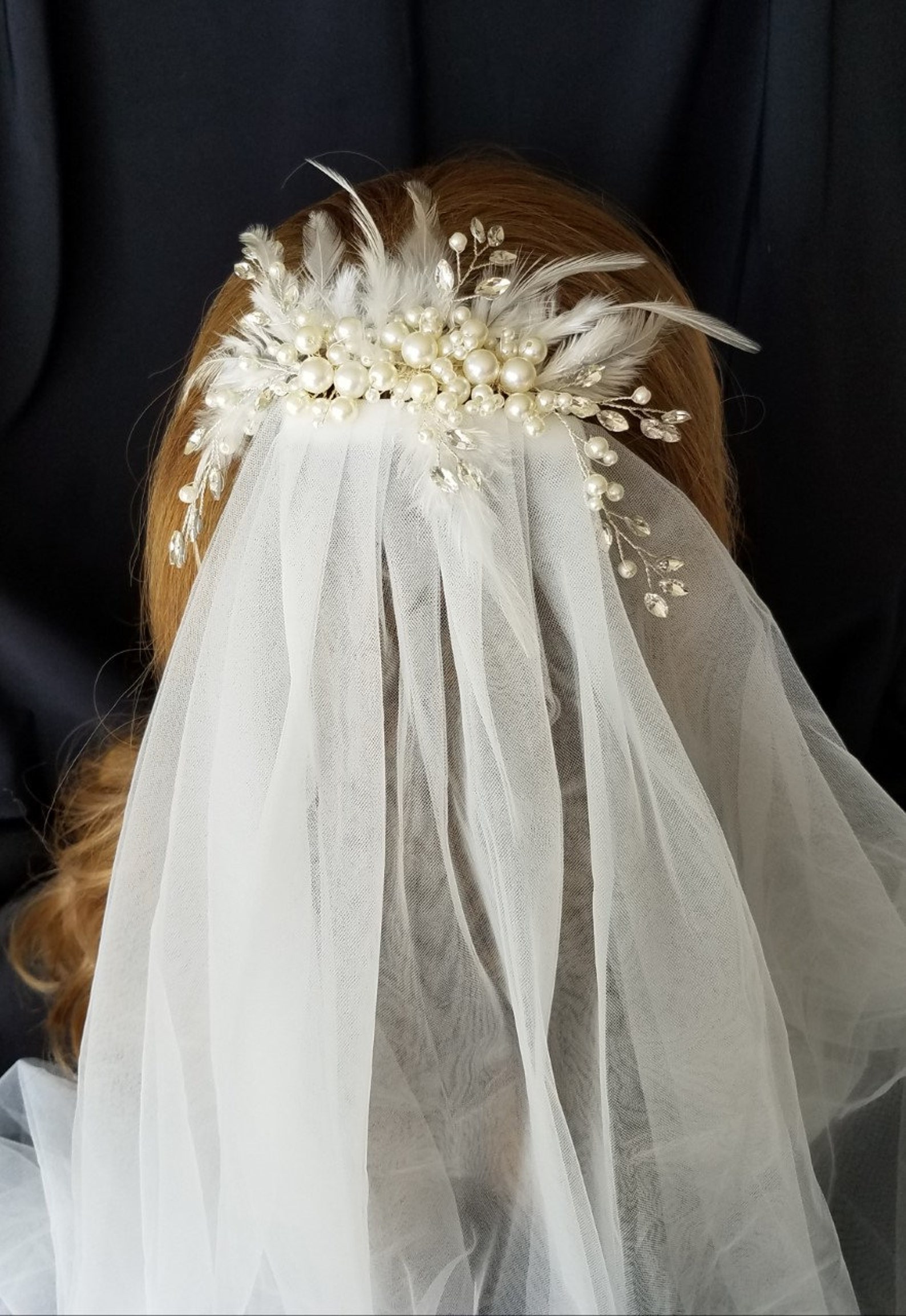 Ivory Feather Bridal Headpiece, Faux Pearl Rhinestone Comb, Birdcage ...