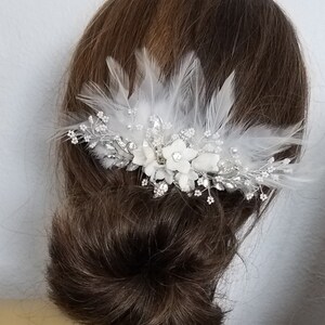 FEATHER FLOWER BRIDAL Comb, Can Do Other Color Feathers, Rhinestone and ...