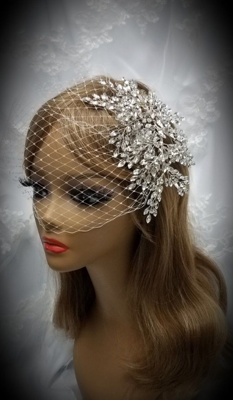 LARGE RHINESTONE BRIDAL Headpiece, With or Without Birdcage, Tulle or ...
