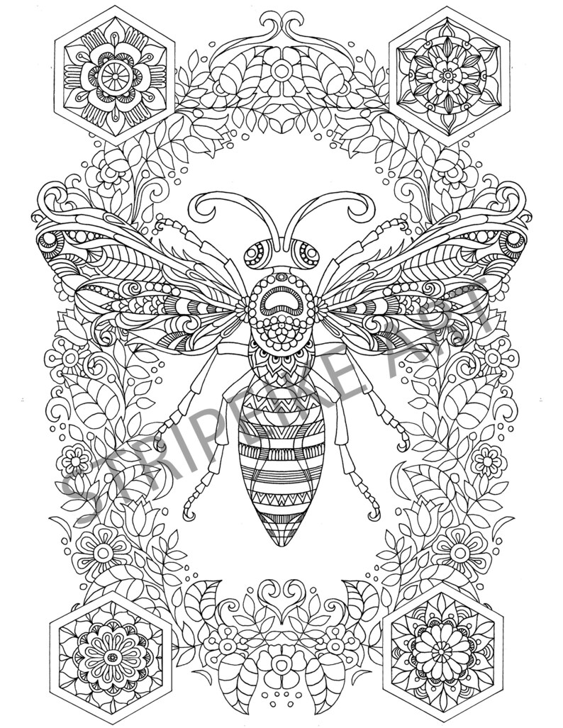 Bee. Coloring Page for Adults. Printable Coloring Page. Instant ...