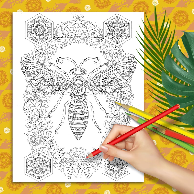 Bee. Coloring Page for Adults. Printable Coloring Page. Instant ...