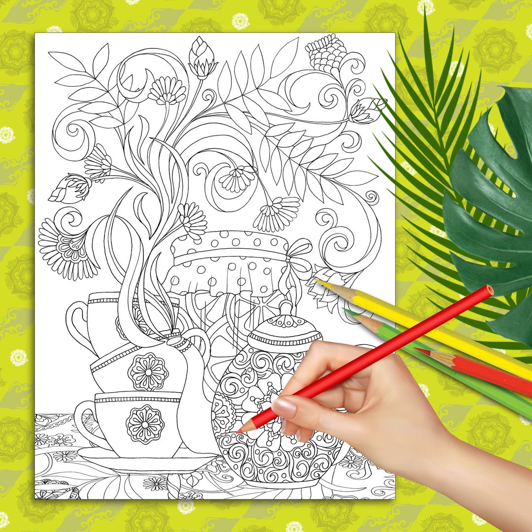 Tea Time. Coloring Page for Adults. Printable Coloring Page. Instant ...
