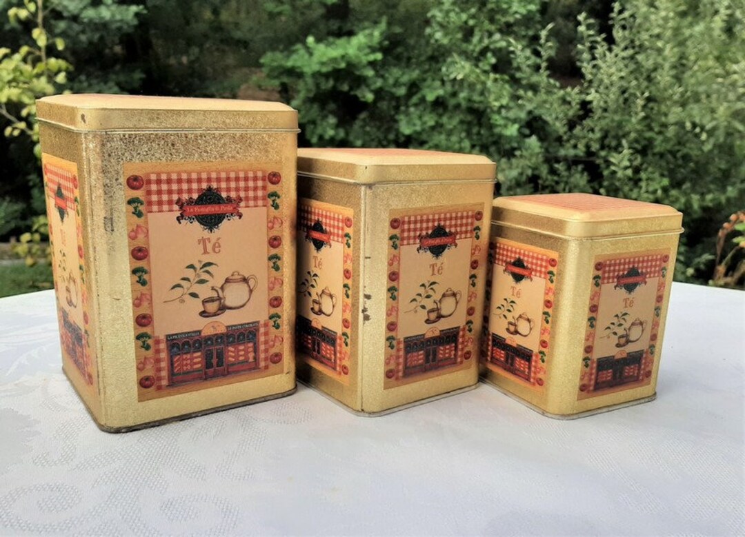 Set of 3 Vintage Stackable Tin Boxes, Golden and and Red Tea Tin Box, 2 ...