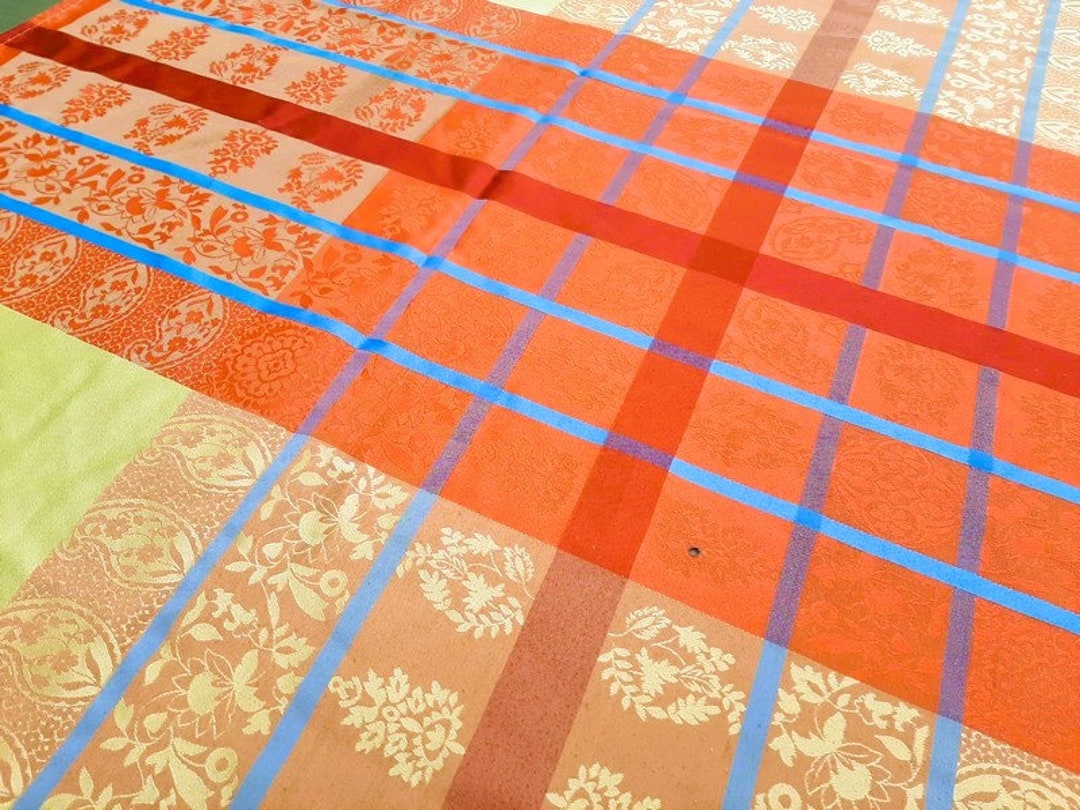 French Vintage Damasked Tablecloth , Yellow Red Orange Tablecloth, - Etsy