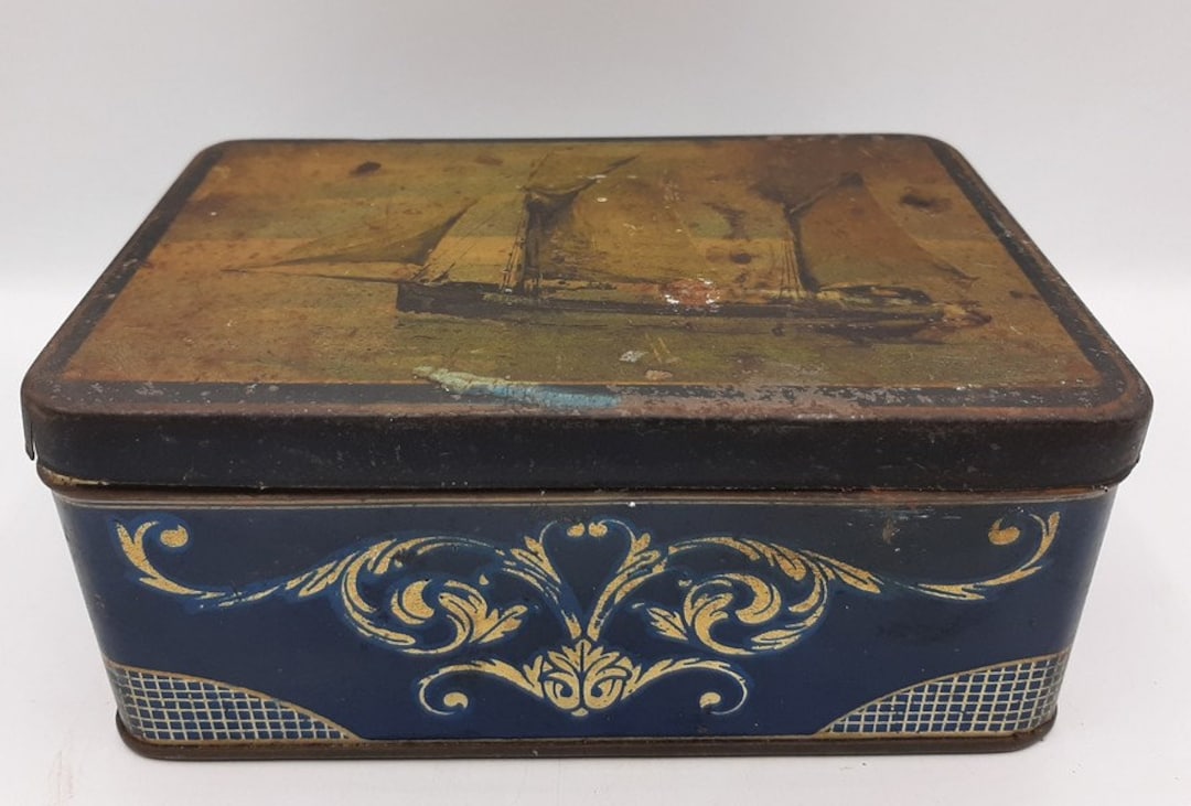 French Antique Tin Box With Sailboat,frigate Decor, Nautical Tin Box ...