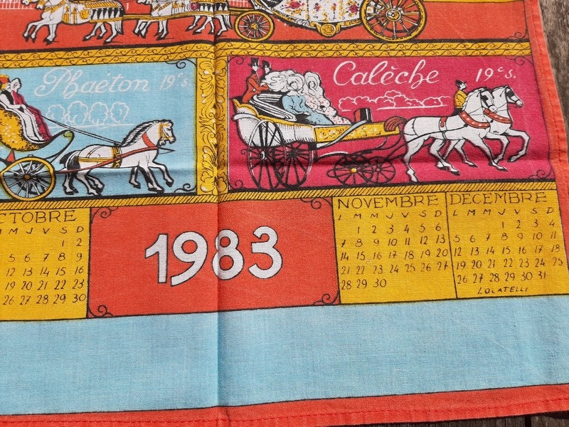 1983 French Vintage Calendar Dish Towel, Antique Carriages and Roman ...