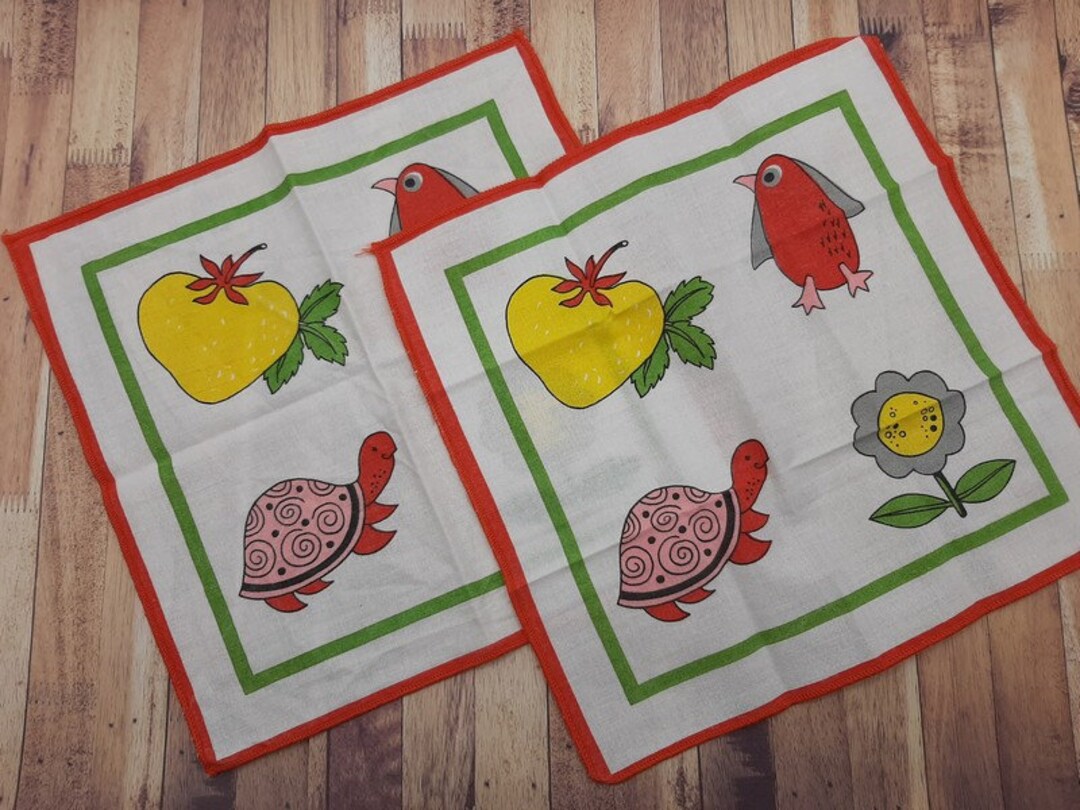 French Vintage Child Handkerchief , Set of 2, Strawberry, Turtle and ...