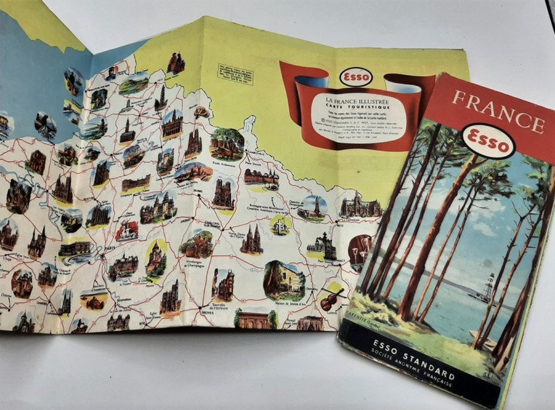 1950 ESSO Vintage Illustrated France Map, French Vintage Map - Etsy
