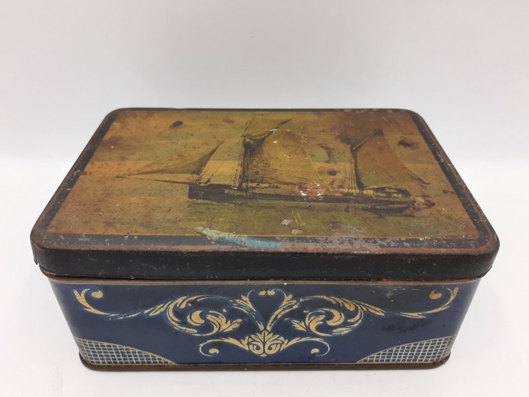 French Antique Tin Box With Sailboat,frigate Decor, Nautical Tin Box ...
