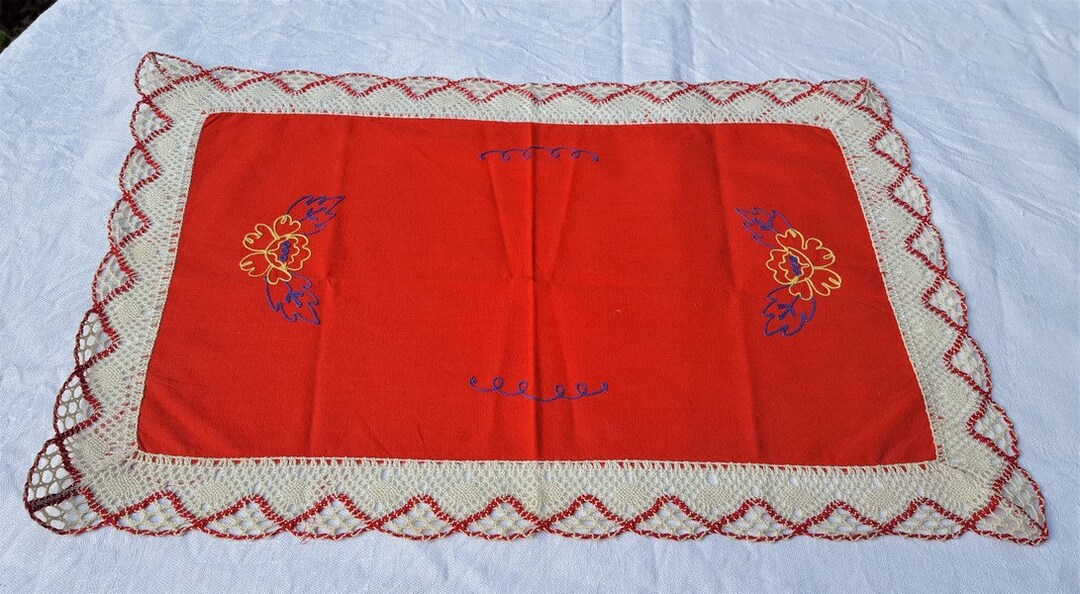 French Antique Linen Tray Cloth ,red Linen Doily, Hand Embroidered ...
