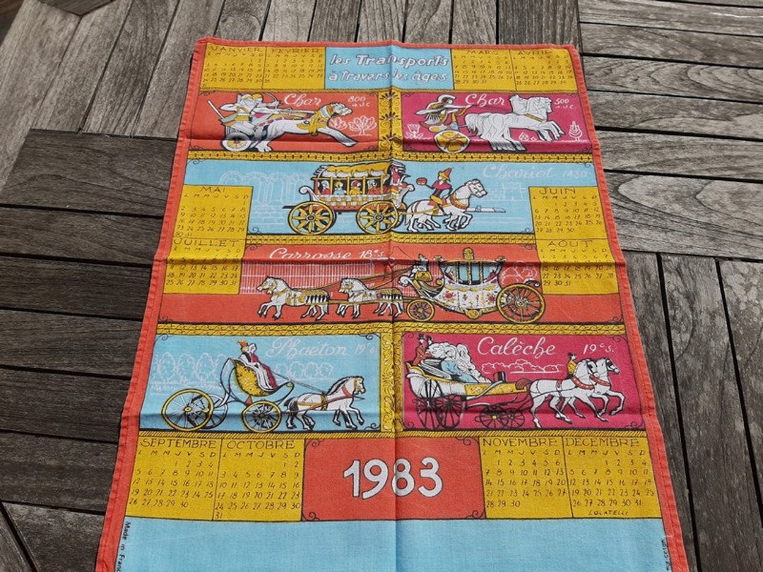 1983 French Vintage Calendar Dish Towel, Antique Carriages and Roman ...