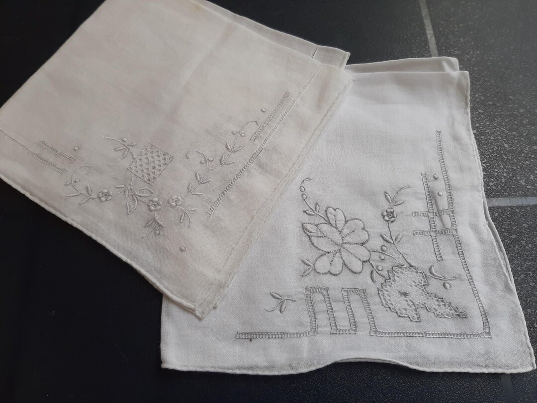 French Antique White Linen Hankies, Set of 2 - Floral Decor Hand ...