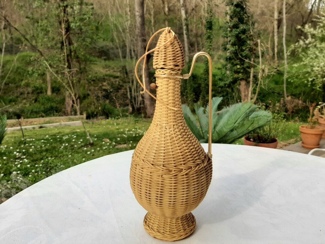 Spanish VIRESA Wicker Covered Bottle With a Brass Handle and a Wicker ...