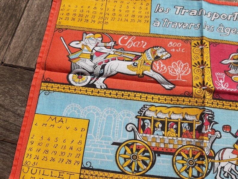 1983 French Vintage Calendar Dish Towel, Antique Carriages and Roman ...