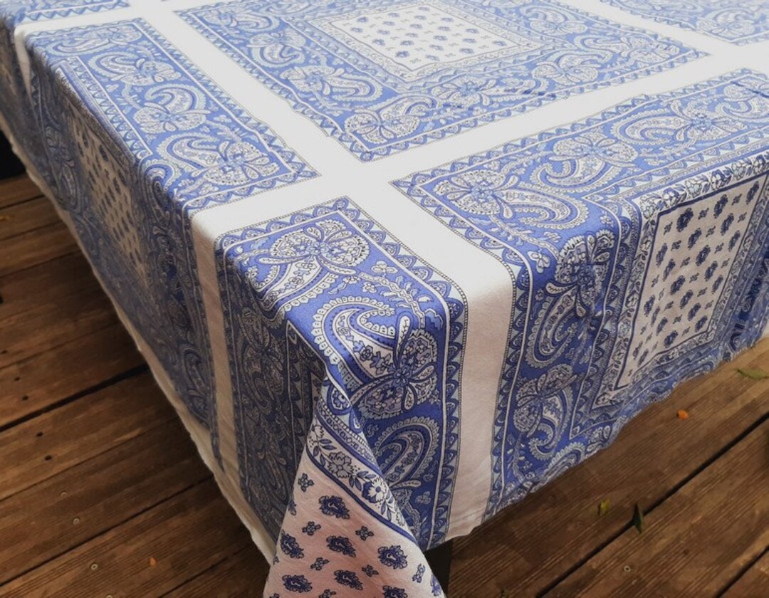 French Vintage Provencal Tablecloth , White and Blue Tablecloth With ...