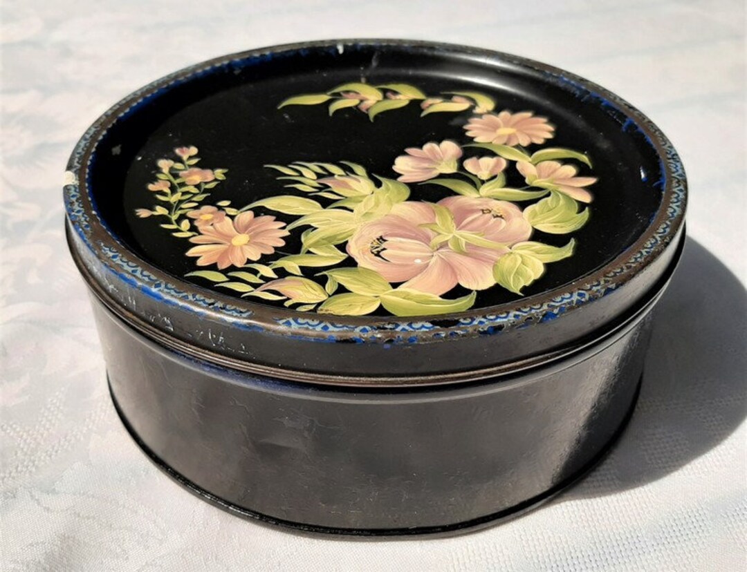 Vintage Black Tin Box With Hand Painted Green and Violet Floral Decor ...