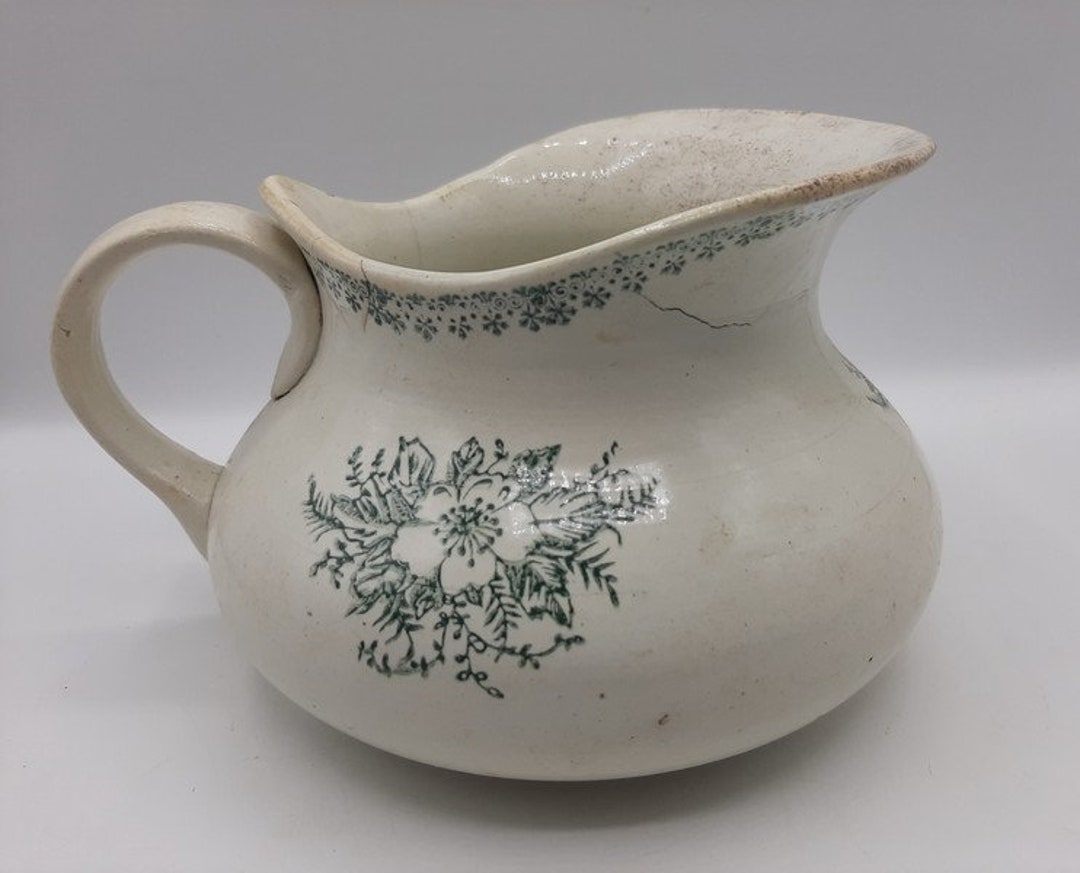 French Antique Water Pitcher , Transferwared Blue Floral Decor ...