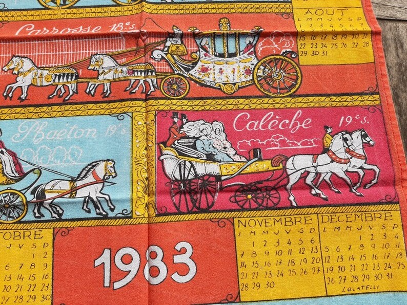 1983 French Vintage Calendar Dish Towel, Antique Carriages and Roman ...
