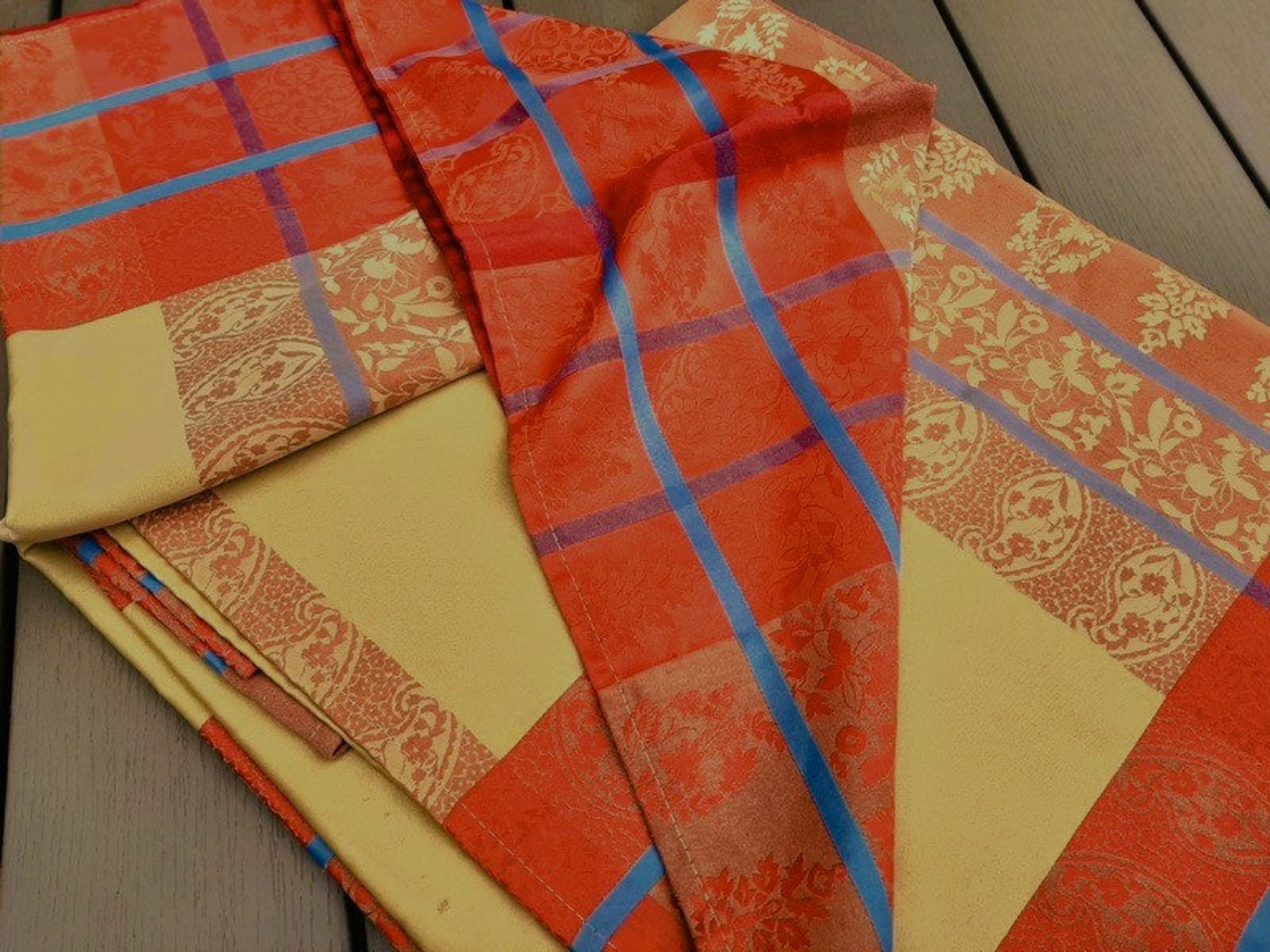 French Vintage Damasked Tablecloth , Yellow Red Orange Tablecloth, - Etsy