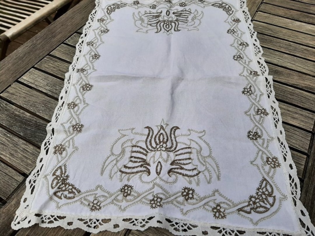 French Antique White Linen Table Center or Large Doily, Hand Made ...