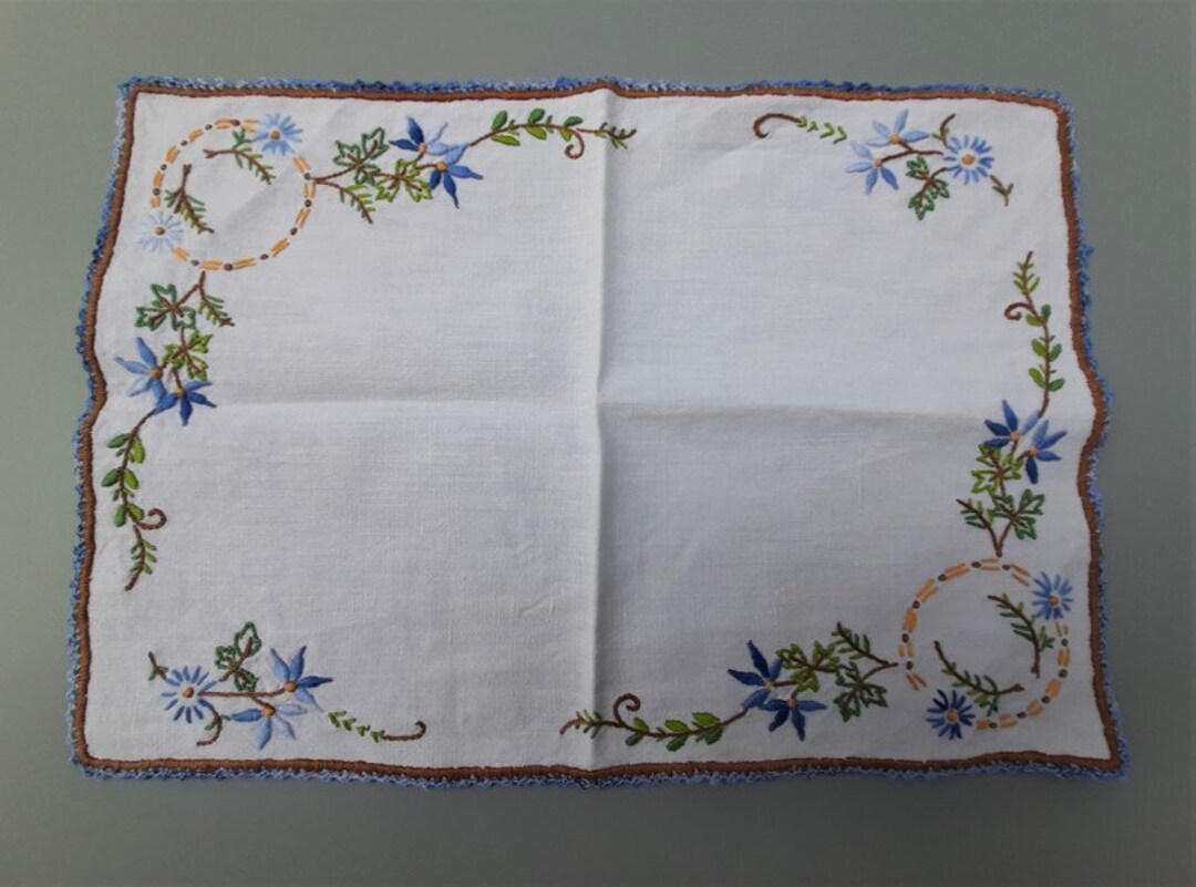 French Antique White Linen Tray Cloth or Doily, Hand Embroidered Doily ...