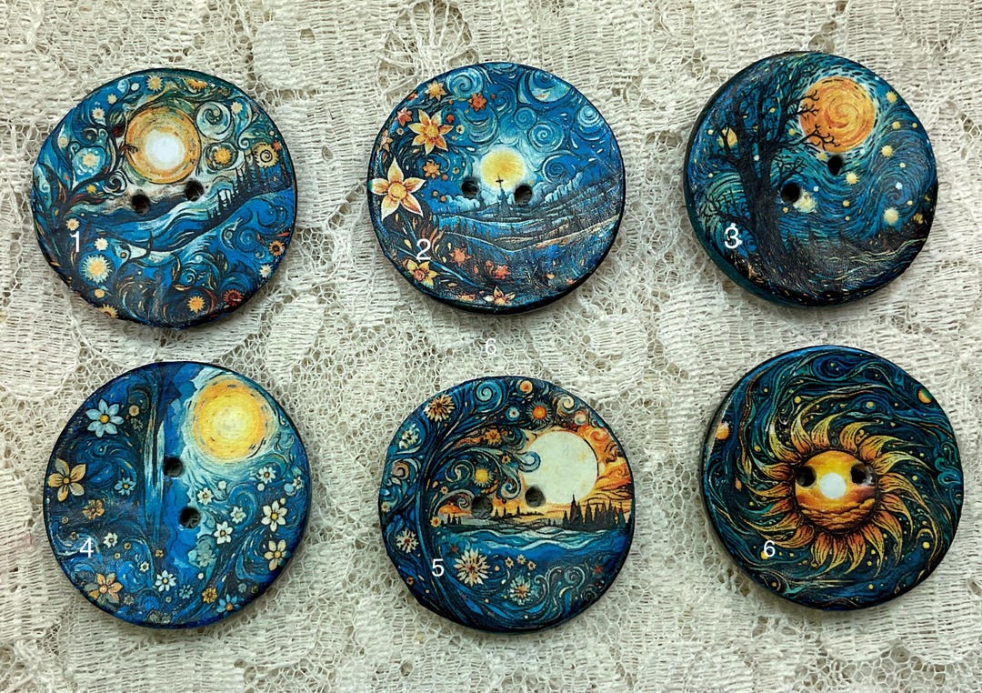 1.18” Buttons- Celestial Moons and Sun-van Gogh Styles-assorted-great ...