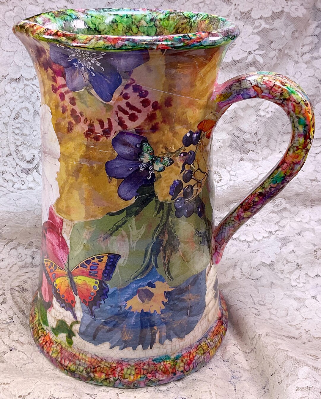 Ceramic Farmhouse Pitcher 10” H X 7”wide-butterflies-florals ...