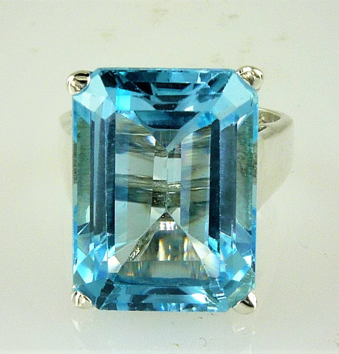 Natural Large Emerald Cut Blue Topaz Solitaire Gemstone Ring, 925 ...