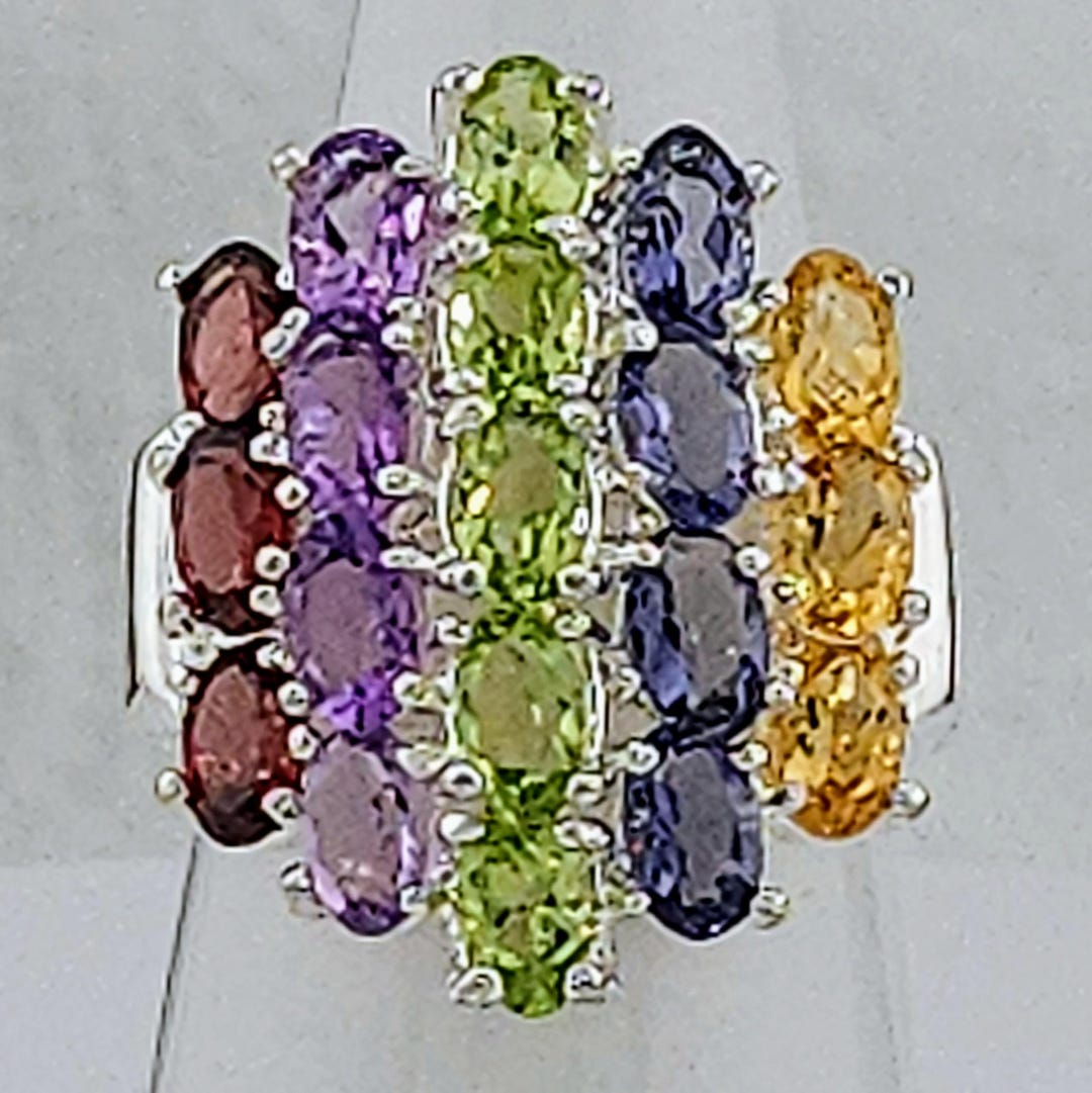 Beautiful Large Natural Multi-color Gemstone Ring 925 Sterling Silver ...
