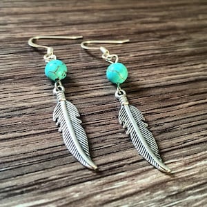 Feather Earrings Silver Feather Turquoise Bead Earrings - Etsy