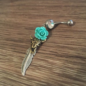 Cow Skull With Rose Belly Ring Cow Head Belly Ring Western Naval Cow ...