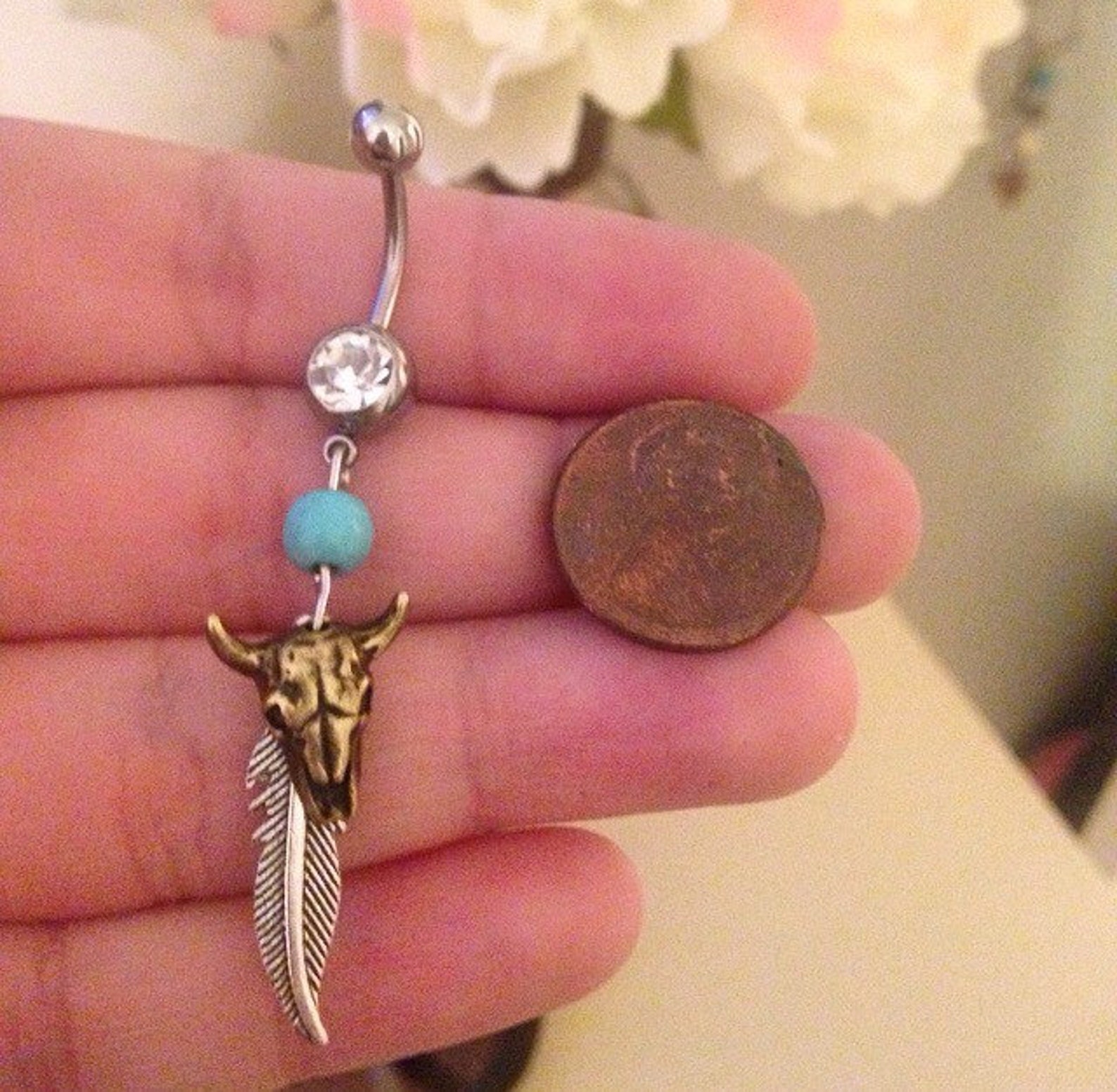 Cow Skull Belly Ring Cow Skull With Feather Turquoise Belly Ring ...