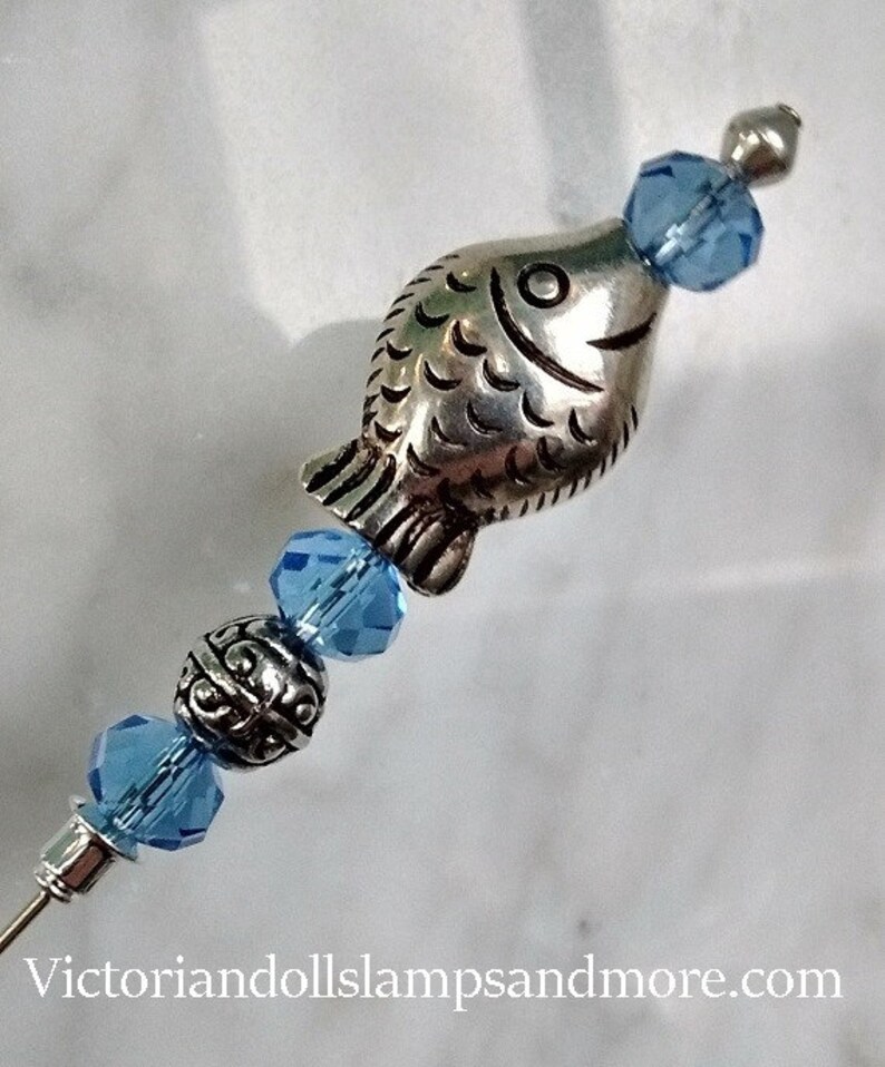 Hat Pin 5 Inch With Silver Like Small Fish Bead and Blue Glass - Etsy