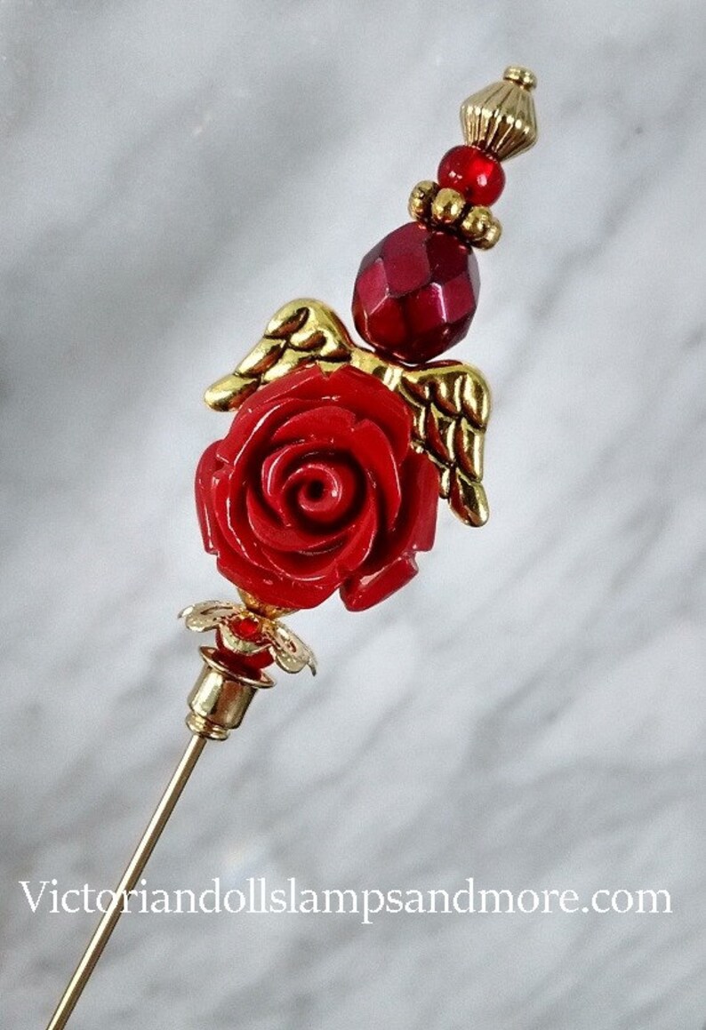 Angel Hat Pin in 6 Inch Gold Like Wings and Red Bead With Red Rose Bead ...