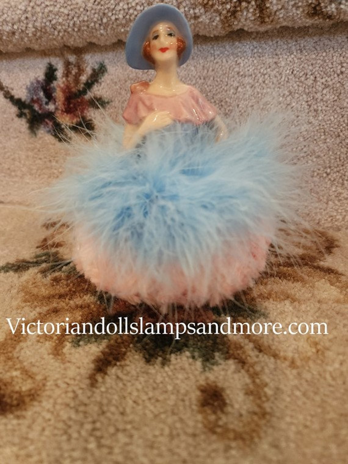 Powder Puff in Pink, With Porcelain Lady With a Pink and Blue Top and ...