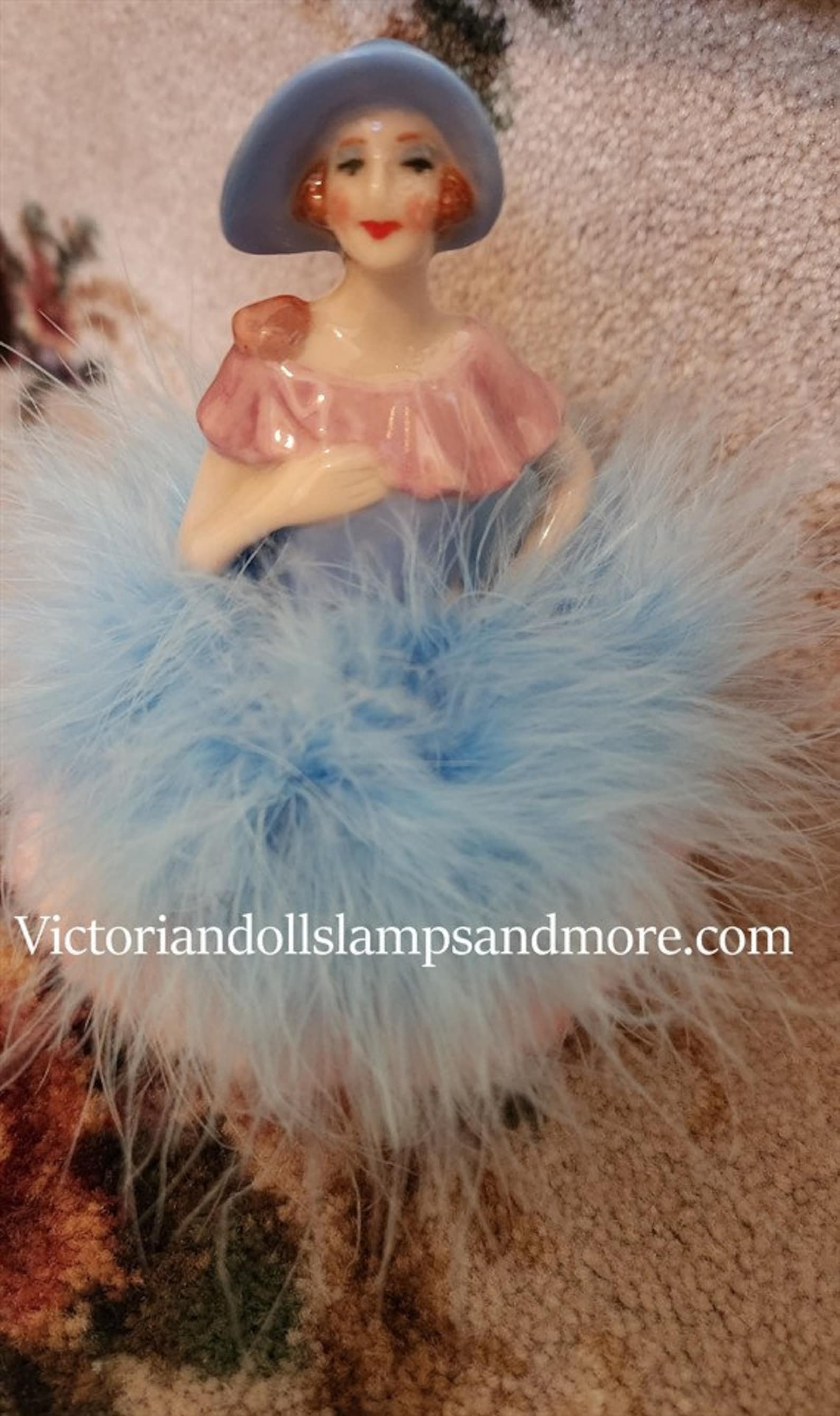 Powder Puff in Pink With Porcelain Lady With a Pink and Blue - Etsy