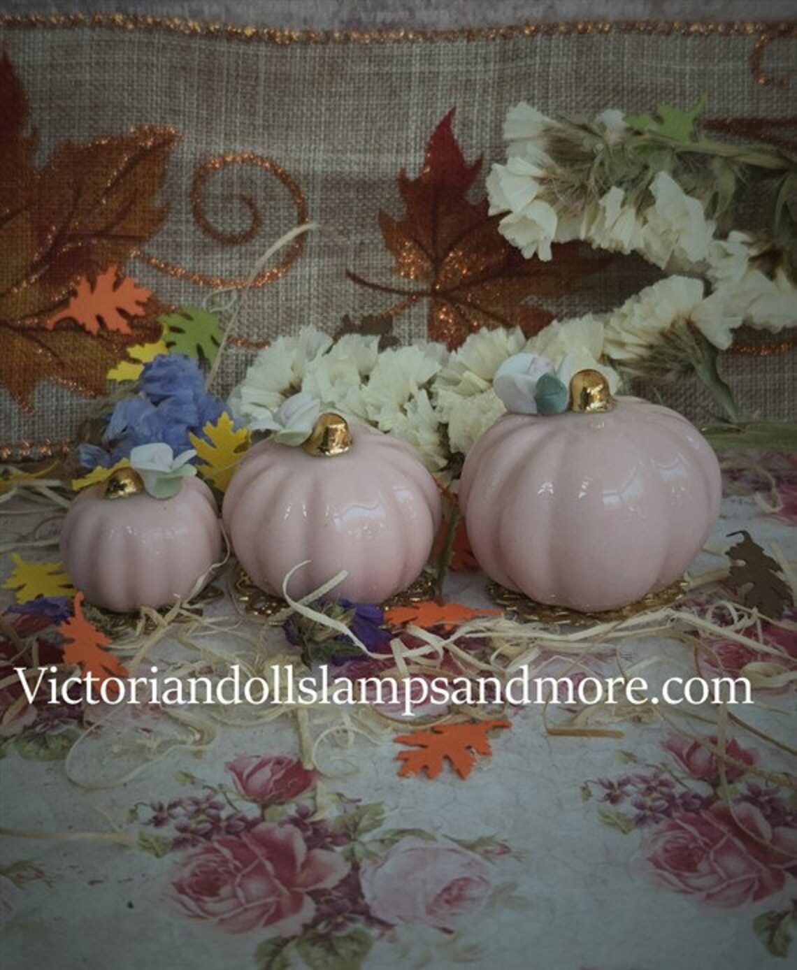 Miniatures 3 Porcelain Pink Pumpkins With Pink Flowers and - Etsy