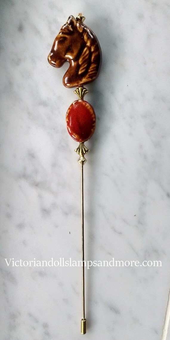 Hat Pin 8 Inch Gold Like With Horse Porcelain Bead and Rust and Tan ...