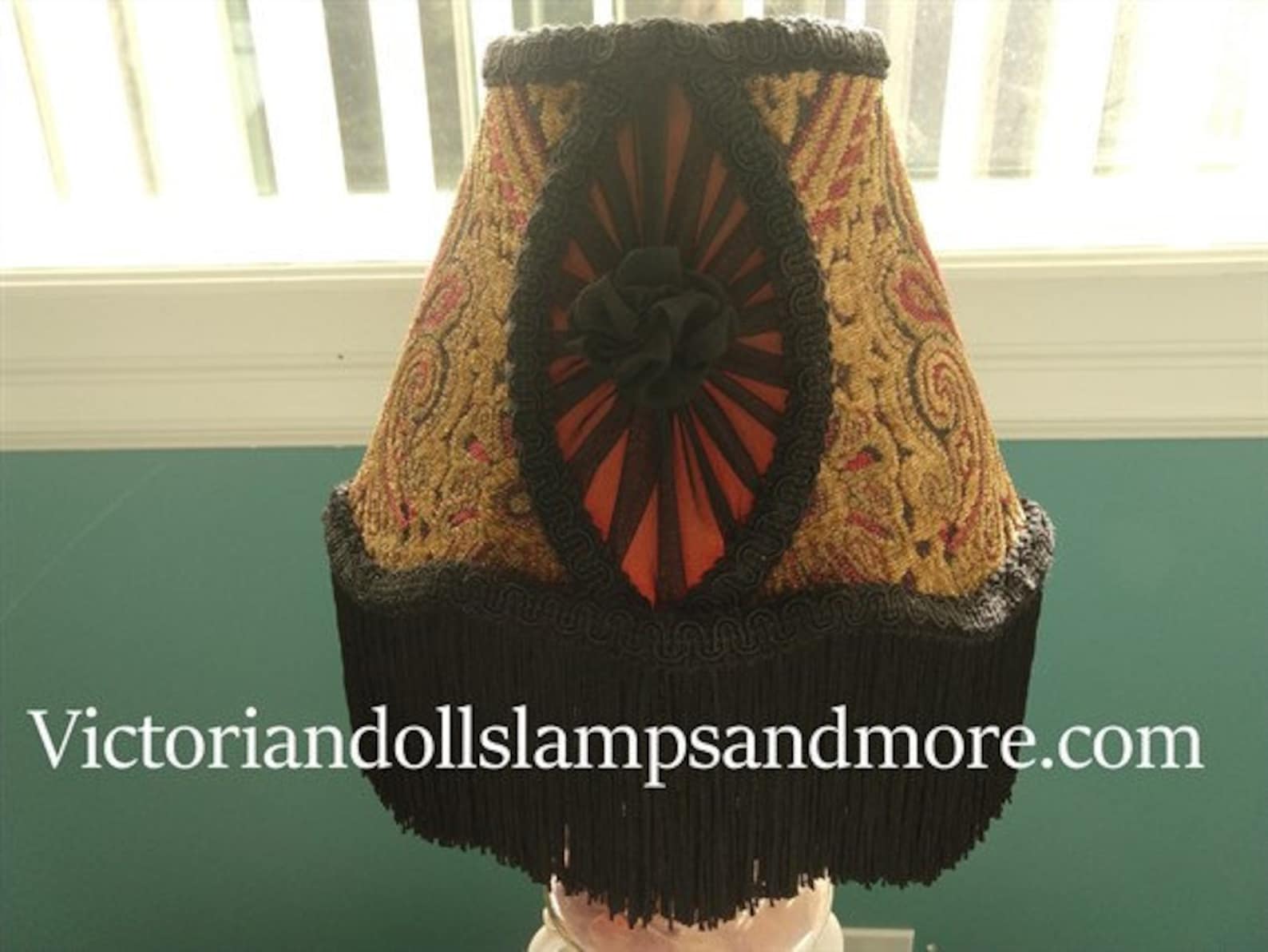 Victorian Lamp Shade in Fabric Gold Color Red and Black Rossette With ...