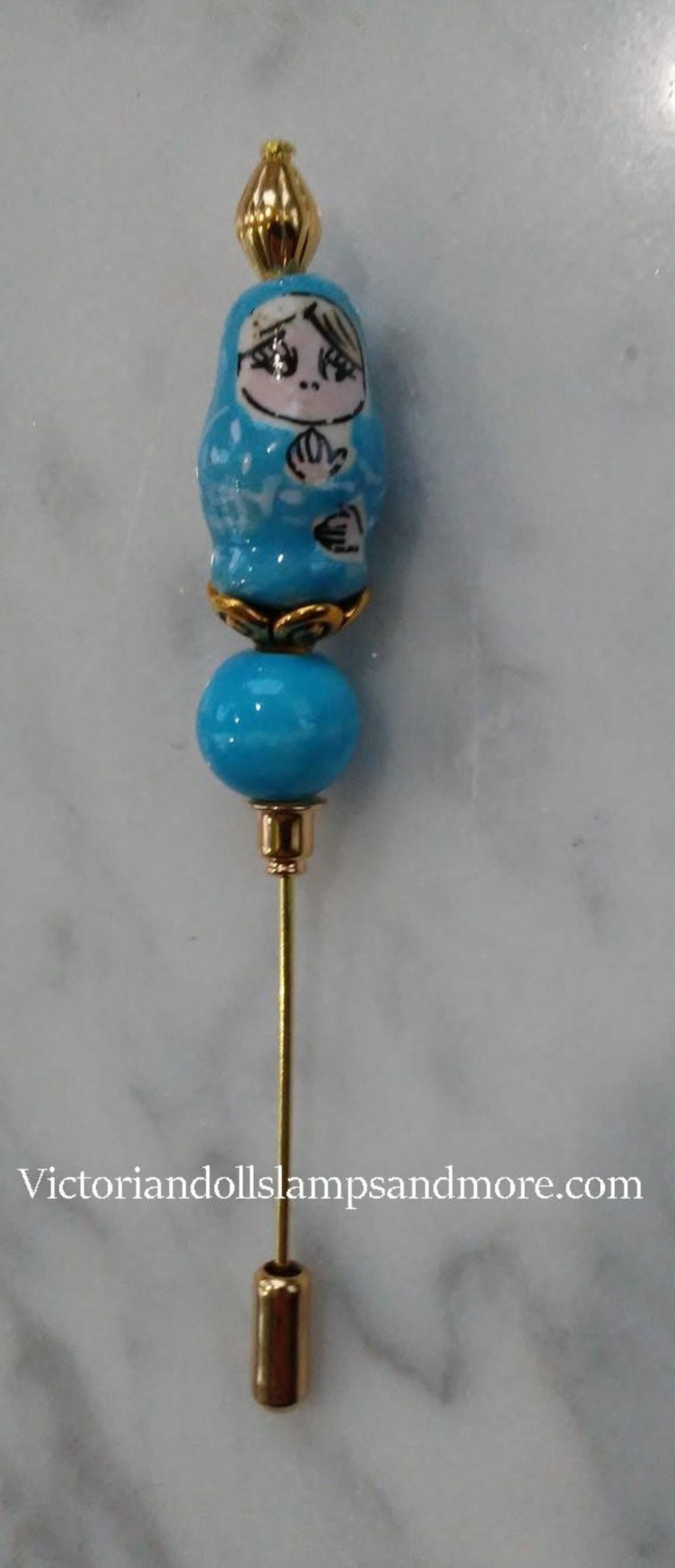 Lapel Pin or Hat Pin 3 Inch Gold Like With a Tiny Blue Russian Nesting ...