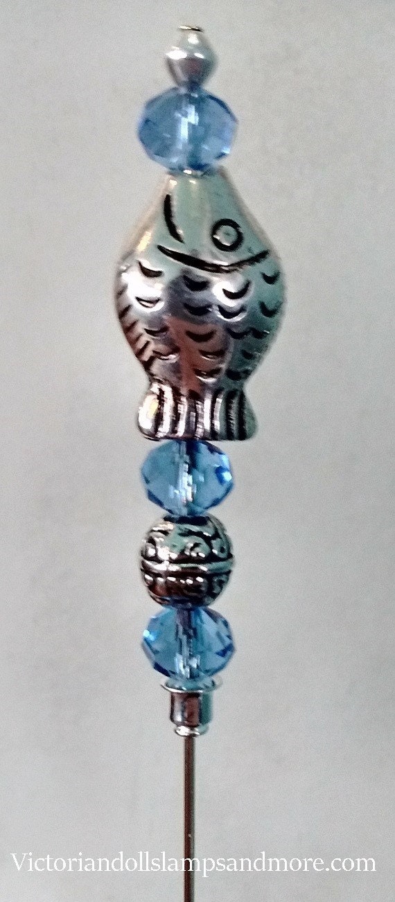 Hat Pin 5 Inch With Silver Like Small Fish Bead and Blue Glass - Etsy