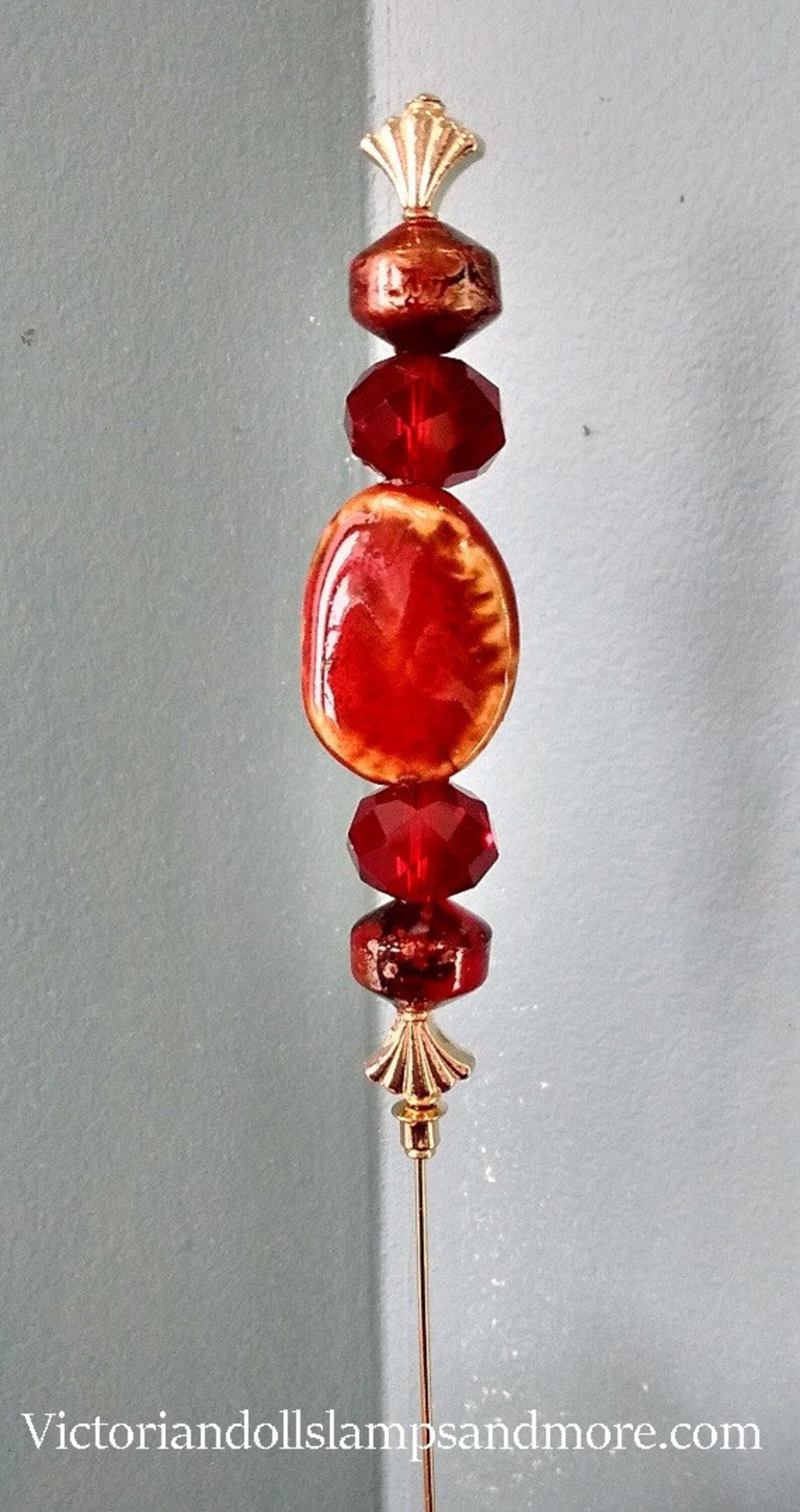 Hat Pin 8 in Gold Stick With Red Color Beads With Gold Like Fancy Fan ...