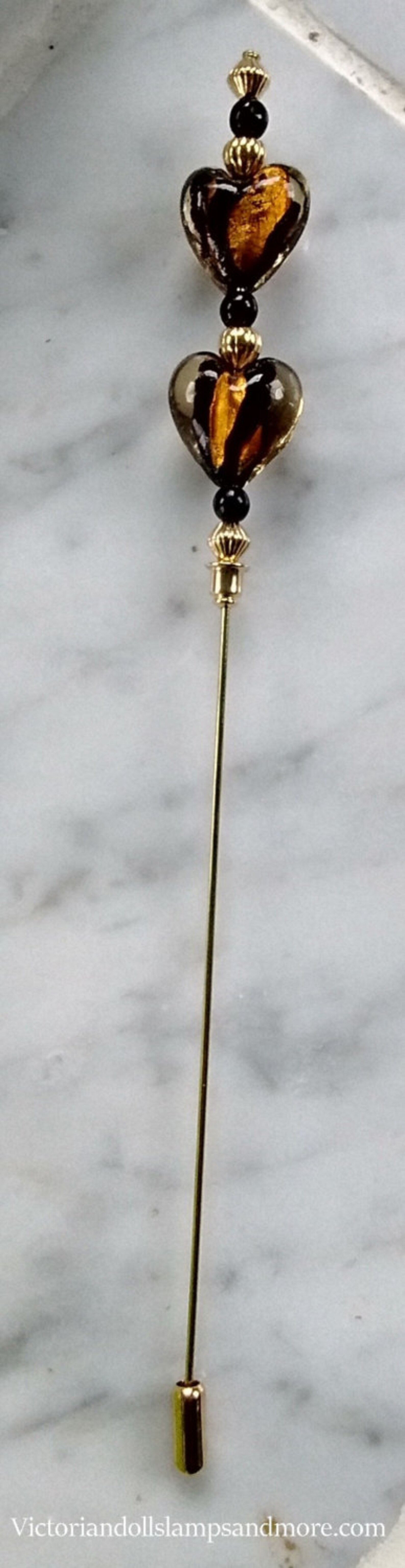 Hat Pin 6 Inch Gold Like Stick and 2 Lampwork Hearts With Gold | Etsy