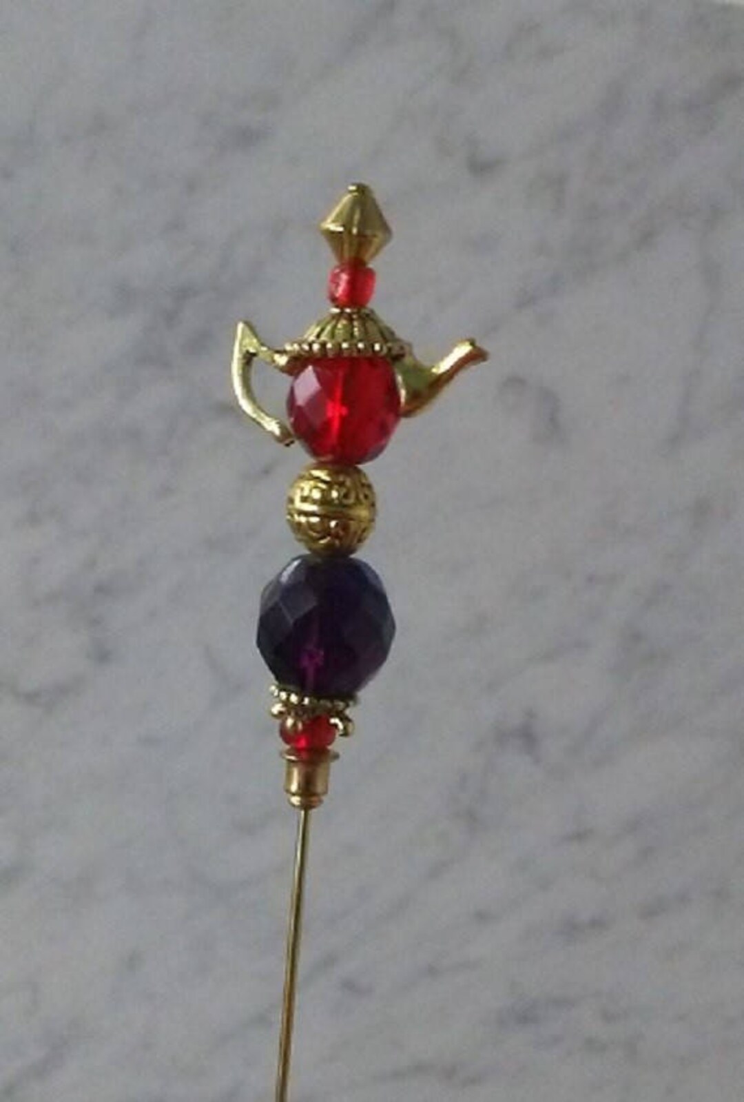 Tea Pot Red Hat Pin 6 Inch Gold Like With Red and Purple Glass Bead ...
