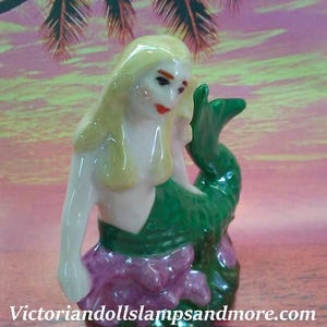 Mermaid Figurine Porcelain in Green Sitting in Ocean Grass and - Etsy