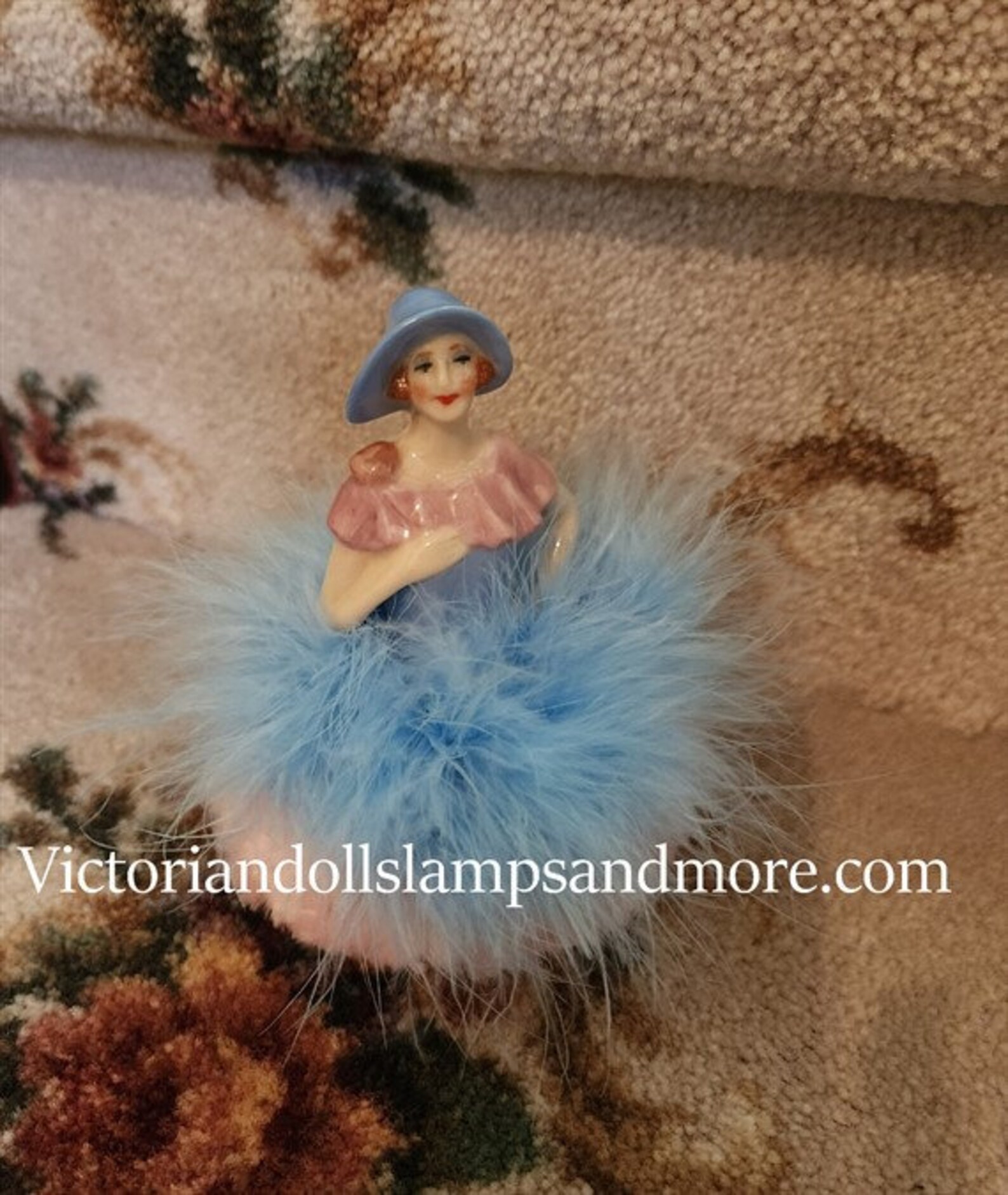 Powder Puff in Pink With Porcelain Lady With a Pink and Blue - Etsy
