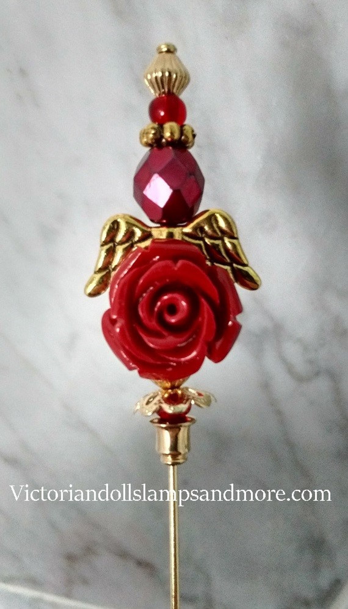 Angel Hat Pin in 6 Inch Gold Like Wings and Red Bead With Red Rose Bead ...