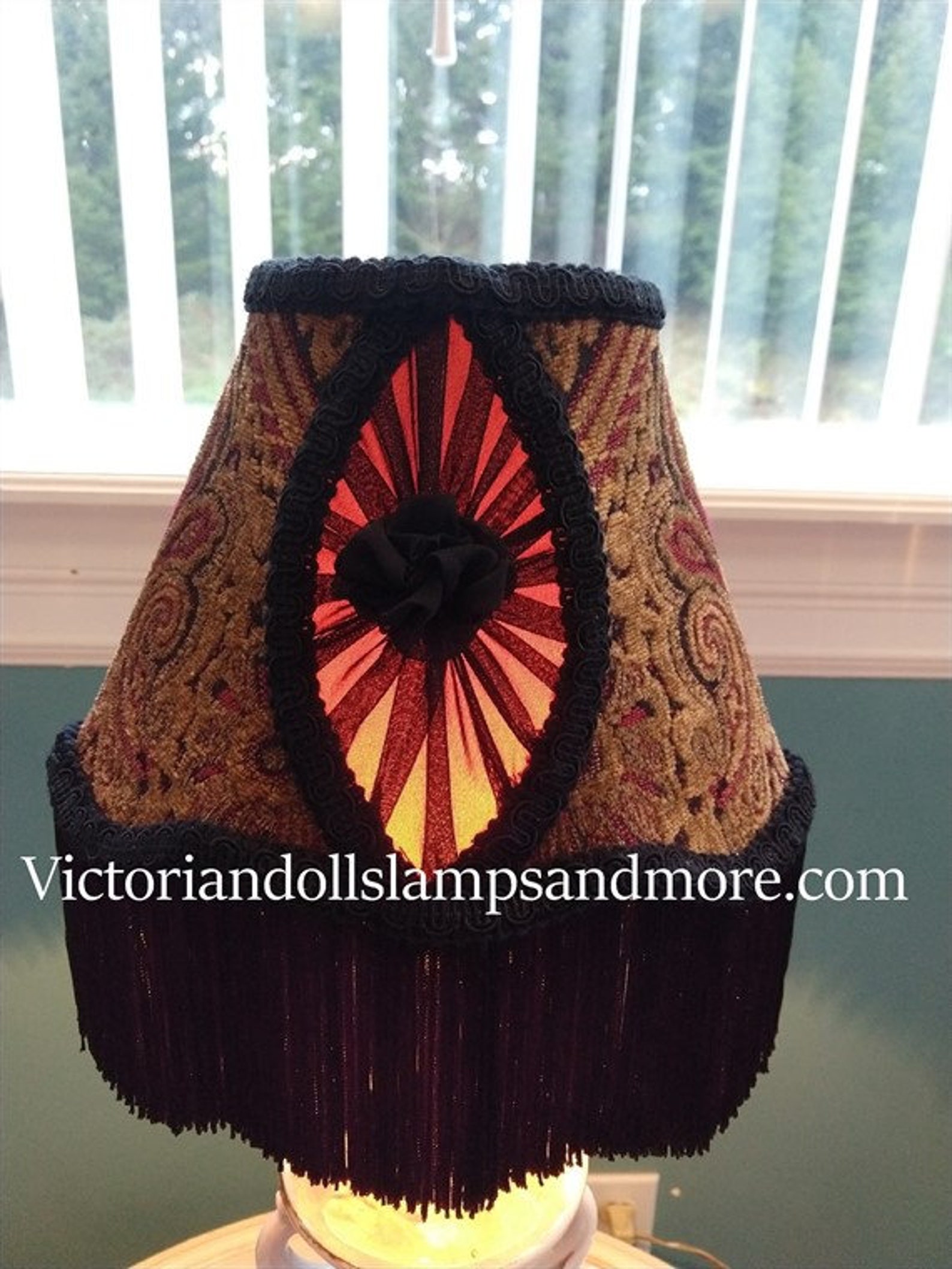 Victorian Lamp Shade in Fabric Gold Color Red and Black Rossette With ...
