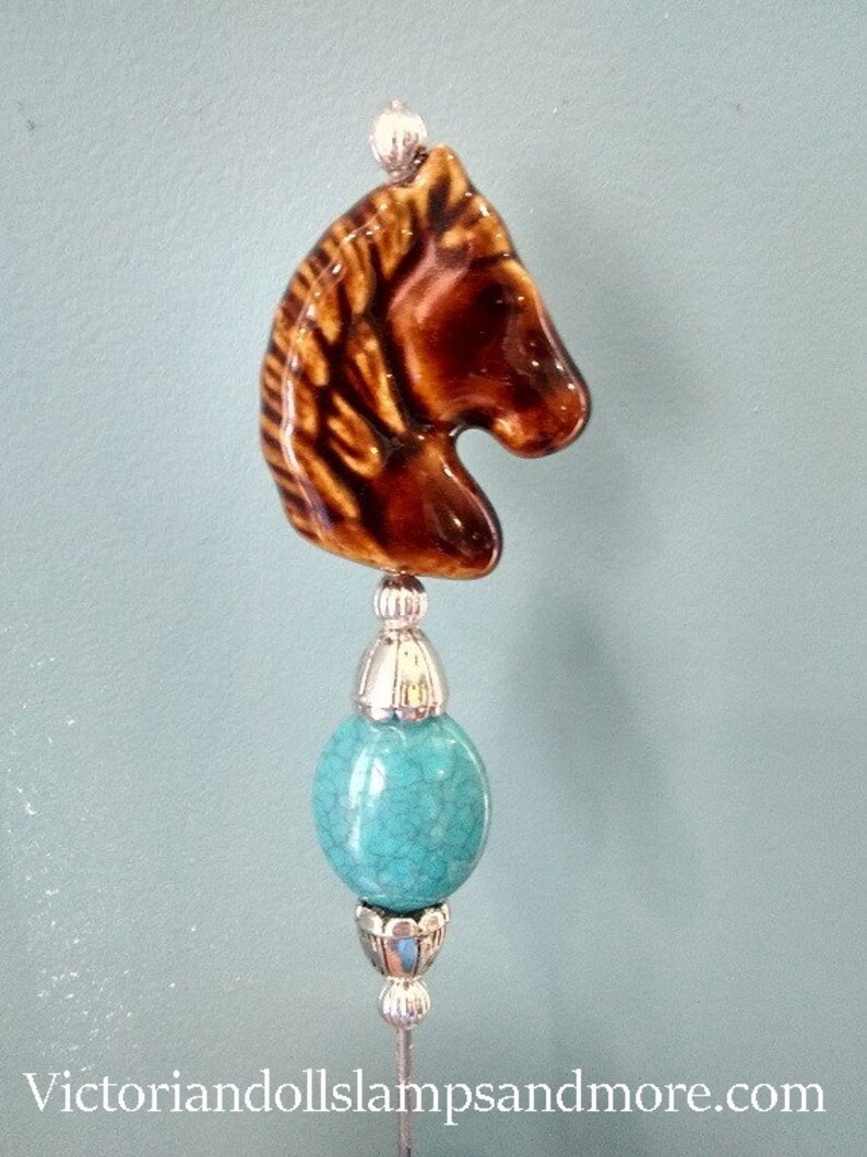 Hat Pin 9 Inch Silver Like With Horse Porcelain Bead and Turquoise Like ...