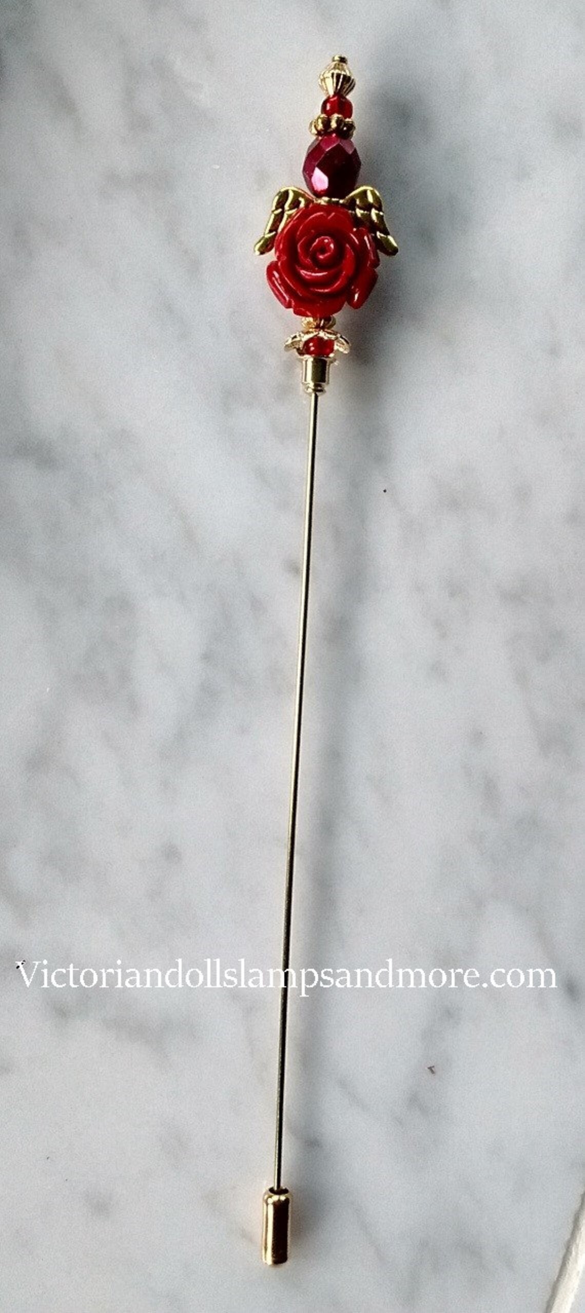 Angel Hat Pin in 6 Inch Gold Like Wings and Red Bead With Red Rose Bead ...